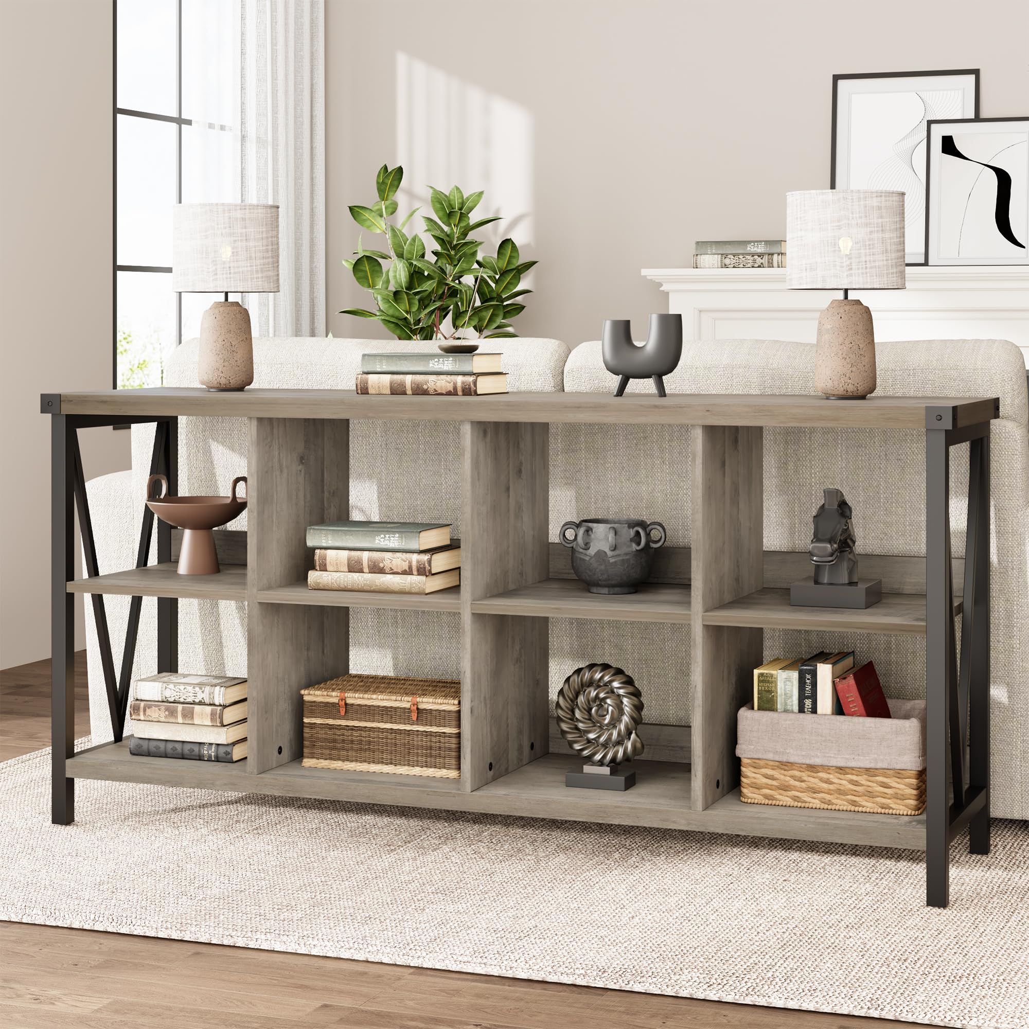 GAOMON 8 Cube Storage Organizer Bookcases, 3 Tier Metal Horizontal Bookcase, 62 Inch Industrial Storage Bookcase for Entryway, Long Low Bookshelf for Living Room-Grey