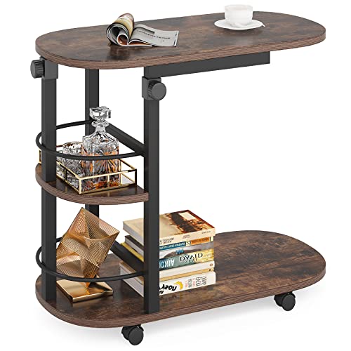 LITTLE TREE Side Height Adjustable C Table with Wheels, Black Rustic Brown