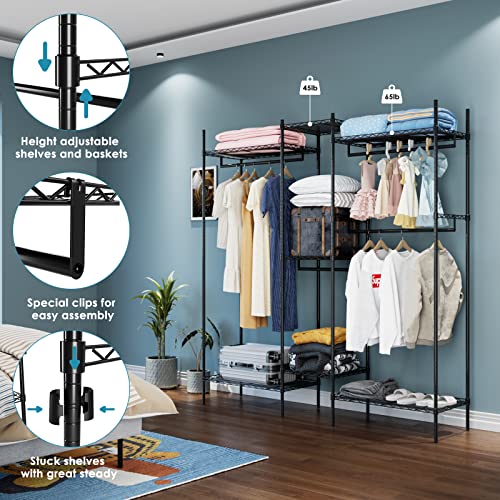 finetones Wire Garment Rack, Multi-Purpose Wire Clothes Rack with 5-Tire Storage Shelf, Heavy Duty Freestanding & Adjustable Wardrobe Closet With Large Metal Shelves For Hanging Clothes, Shoes