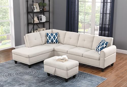 CABSETT 98" L-Shape Wide Left Hand Facing Sofa & Chaise with Storage Ottoman, Linen Upholstered Couch Set with 2 Cup Holder and 2 Pillows for Living Room, Home, Office, Beige