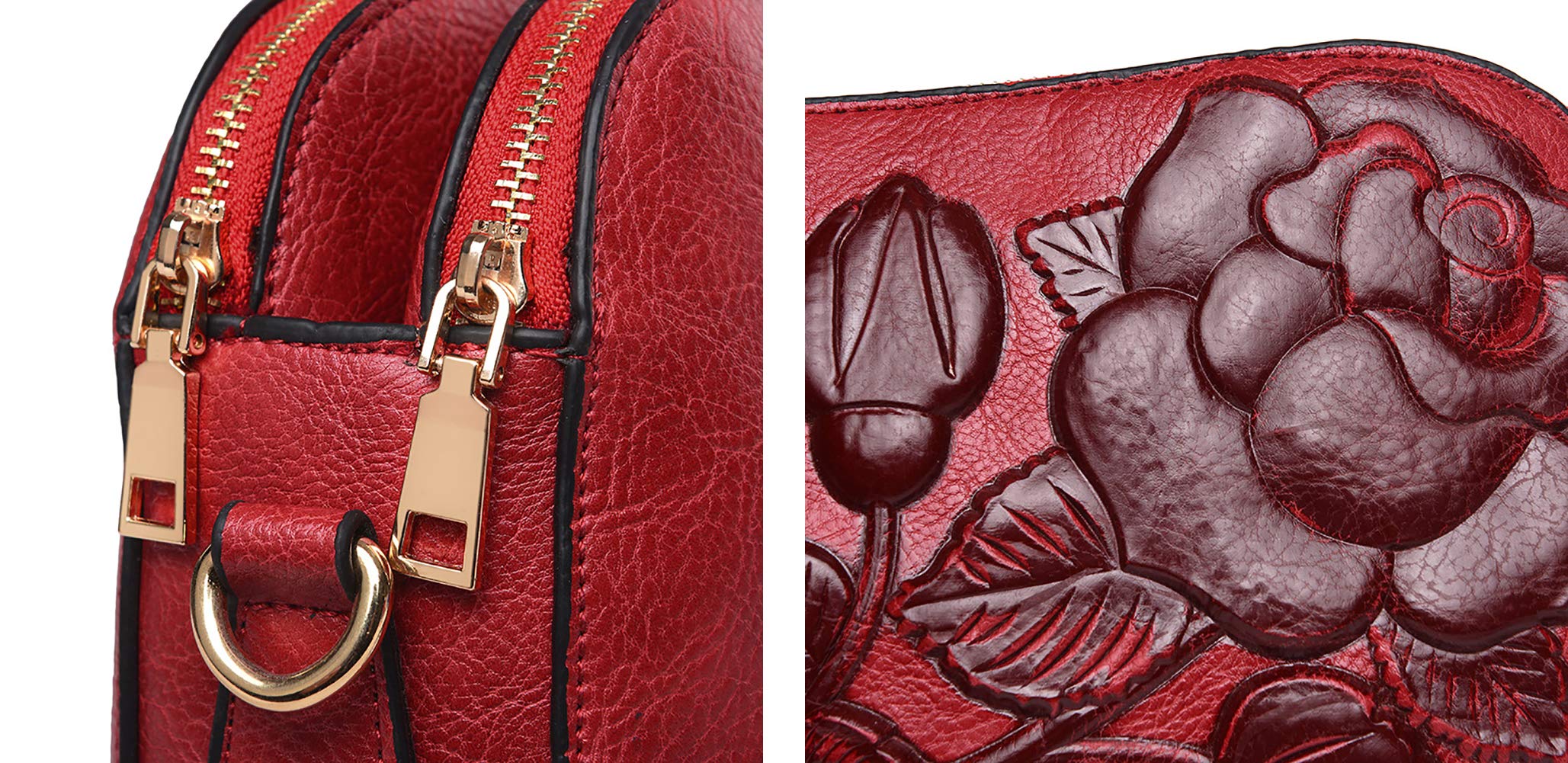 QZUnique Women's Chinese Style PU Leather Handbag Graceful Embossed Floral Shoulder Bag Zipper Crossbody Bag Red