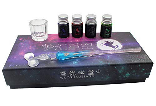 XIAOYU 7 Pieces Glass Dip Pen Set Handmade Starry Sky Calligraphy Pen and 4 Bottle Inks - Lake Blue