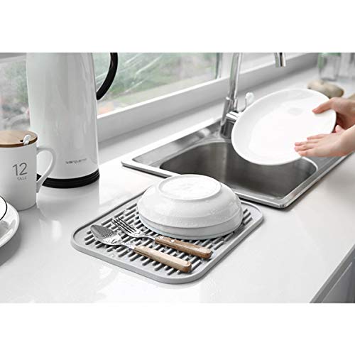 Silicone Dish Drying Mat for Multiple Usage,Easy Clean,Eco-Friendly,Super Sturdy Silicone Heat Resistant Trivet, Dishwasher Safe,Dish Draining Mat,Sink Mat (Gray&Small-11.6×9.3inch)