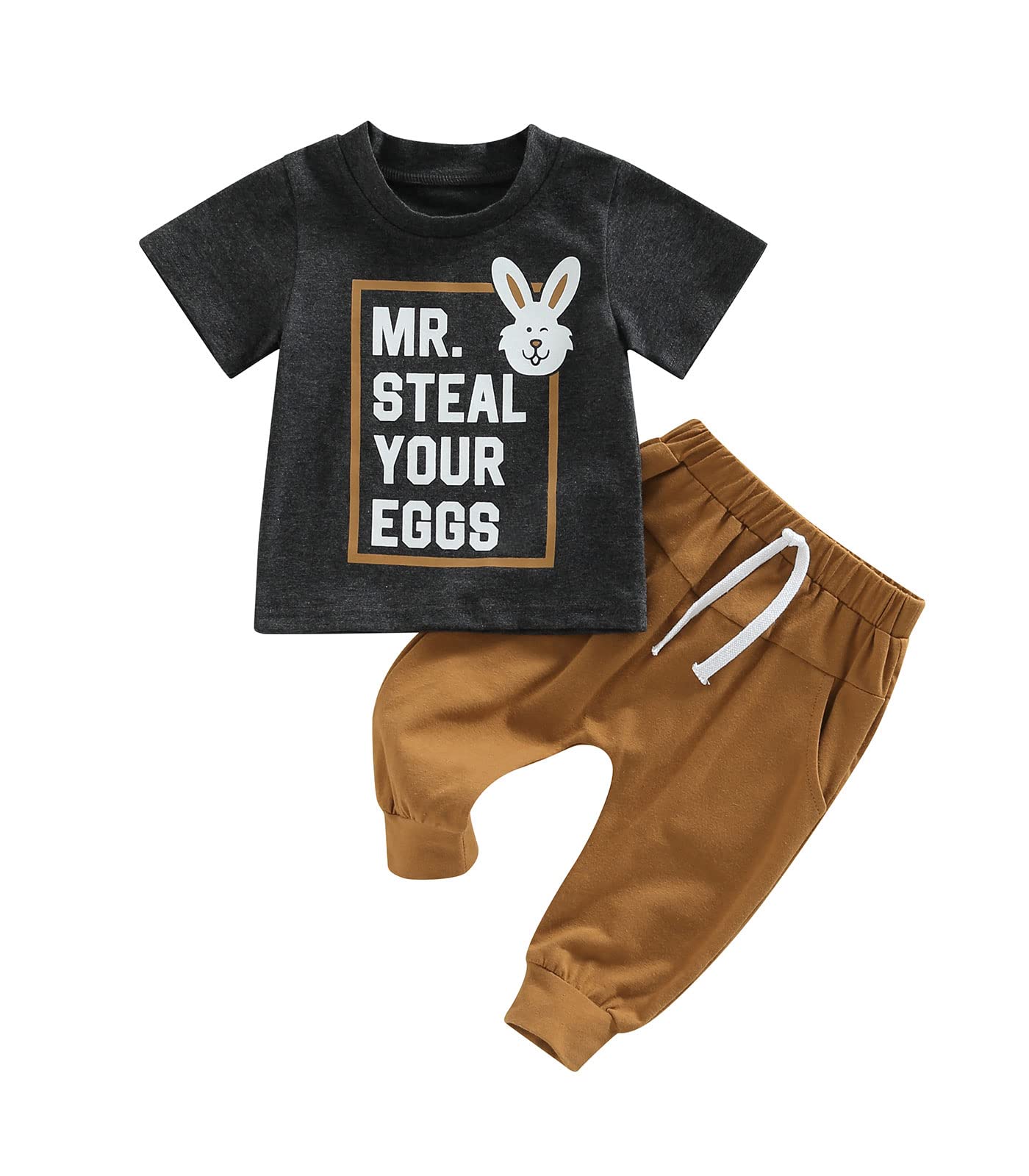 Easter Baby Boys Pants Set Short Sleeve Crew Neck Letters Rabbit Print T-Shirt +Sweatpants (Gray-Mr Steal Your Eggs, 6-12 Months)