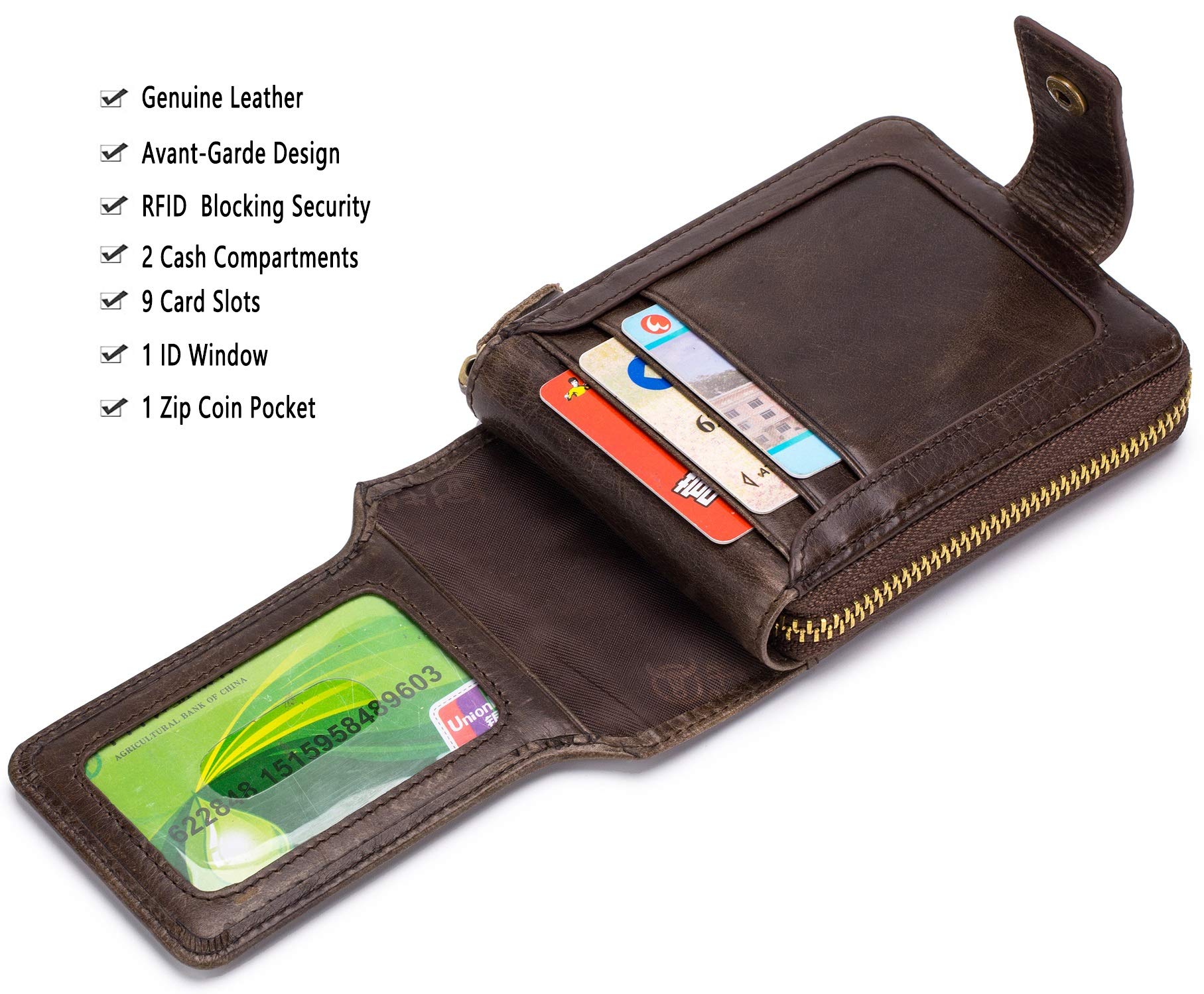 BULLCAPTAIN Mens Genuine Leather Zipper Wallet RFID Blocking Bifold Zip Around Multi Credit Card Holder,Big (brown)