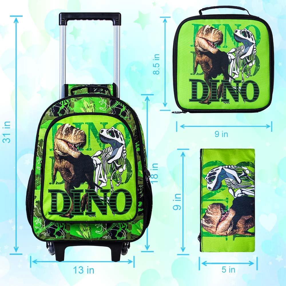 CCJPX 3PCS Kids Rolling Backpack Boys, Dinosaur School Bookbag with Wheels, Roller Wheeled Backpacks for Toddler Elementary