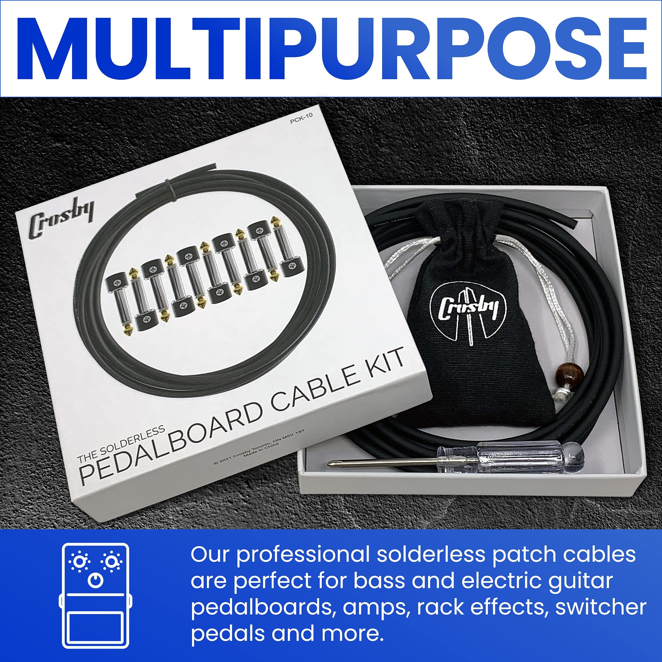 Crosby Solderless Pedalboard Cable Kit - No Cable Stripping Required, 10 Feet of Cable & 10 Gold Tip Connectors with Magnetic Screws & Screwdriver Make 5 DIY Custom Patch Cables