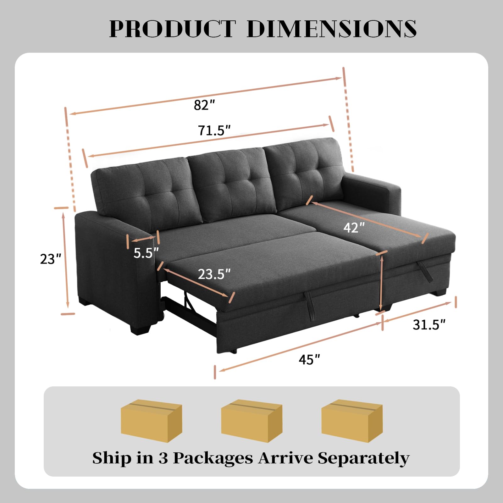 HHOK Pull Out Modular Sleeper Sofa Bed Living Room Furniture Sets, L Shaped Sectional Comfy Couch Upholstered with Reversible Storage Chaise Bench for Apartment, Home - Dark Gray Sofá