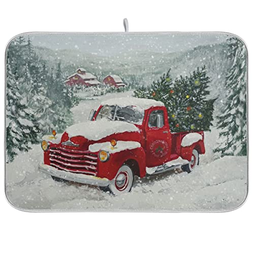 xigua Christmas Truck Dish Drying Mat for Kitchen Counter,Texture Ultra Absorbent Reversible Microfiber Dishes Drying Rack Pad Heat-resistant Mats 16x18in
