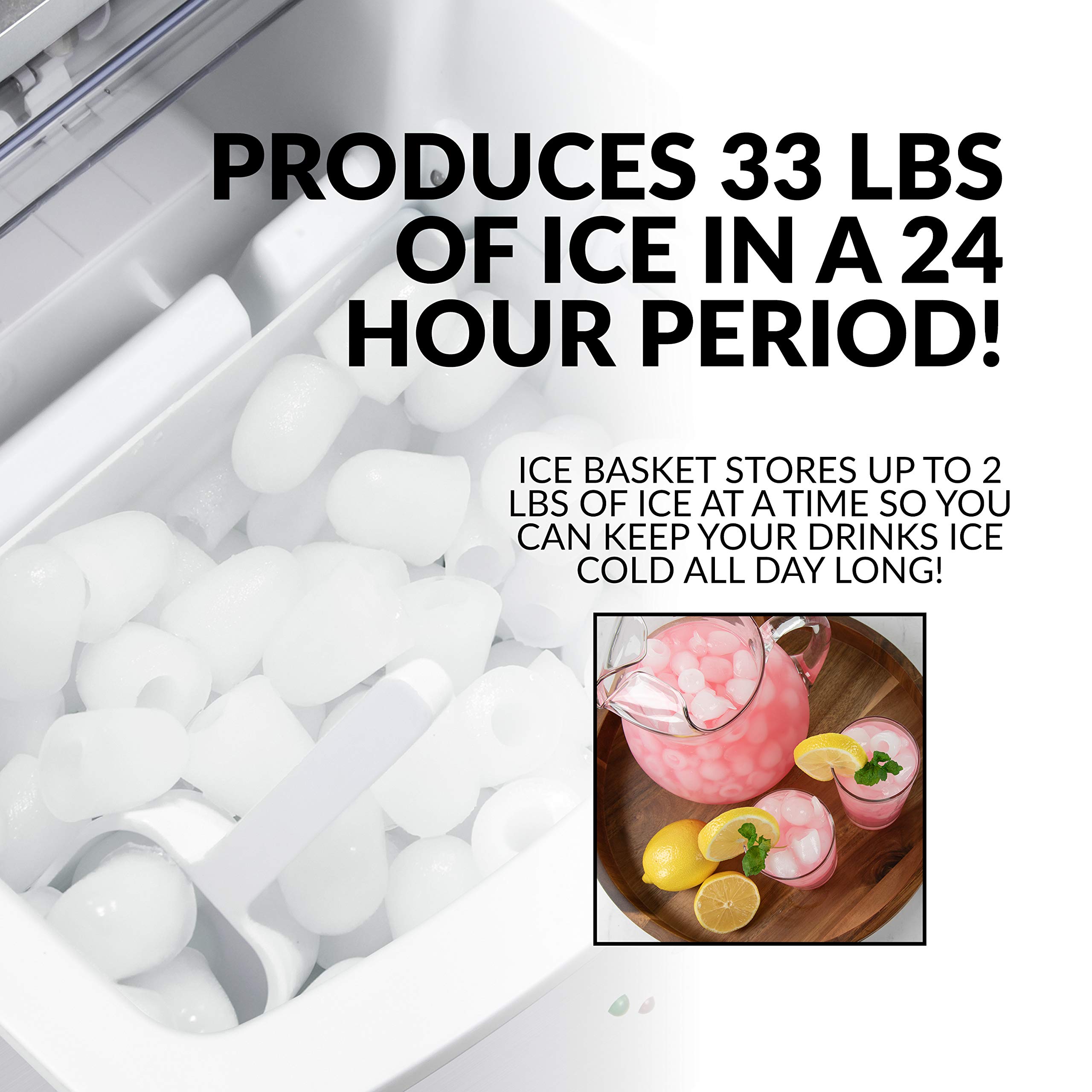 Igloo ICEB33SS Large-Capacity Stainless Steel Automatic Portable Electric Countertop Ice Maker Machine, 33 Pounds in 24 Hours, 9 Cubes Ready in 7 Minutes, with Scoop and Basket
