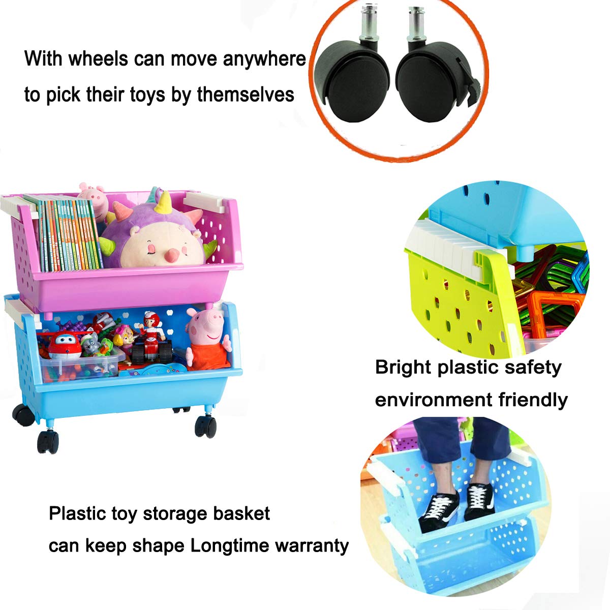MAGDESIGNER Toys Chest Large Baskets Storage Bins Organizer with Wheels For Kids Can Move EverywhereNatural/Primary (Primary Collection)(6 White)