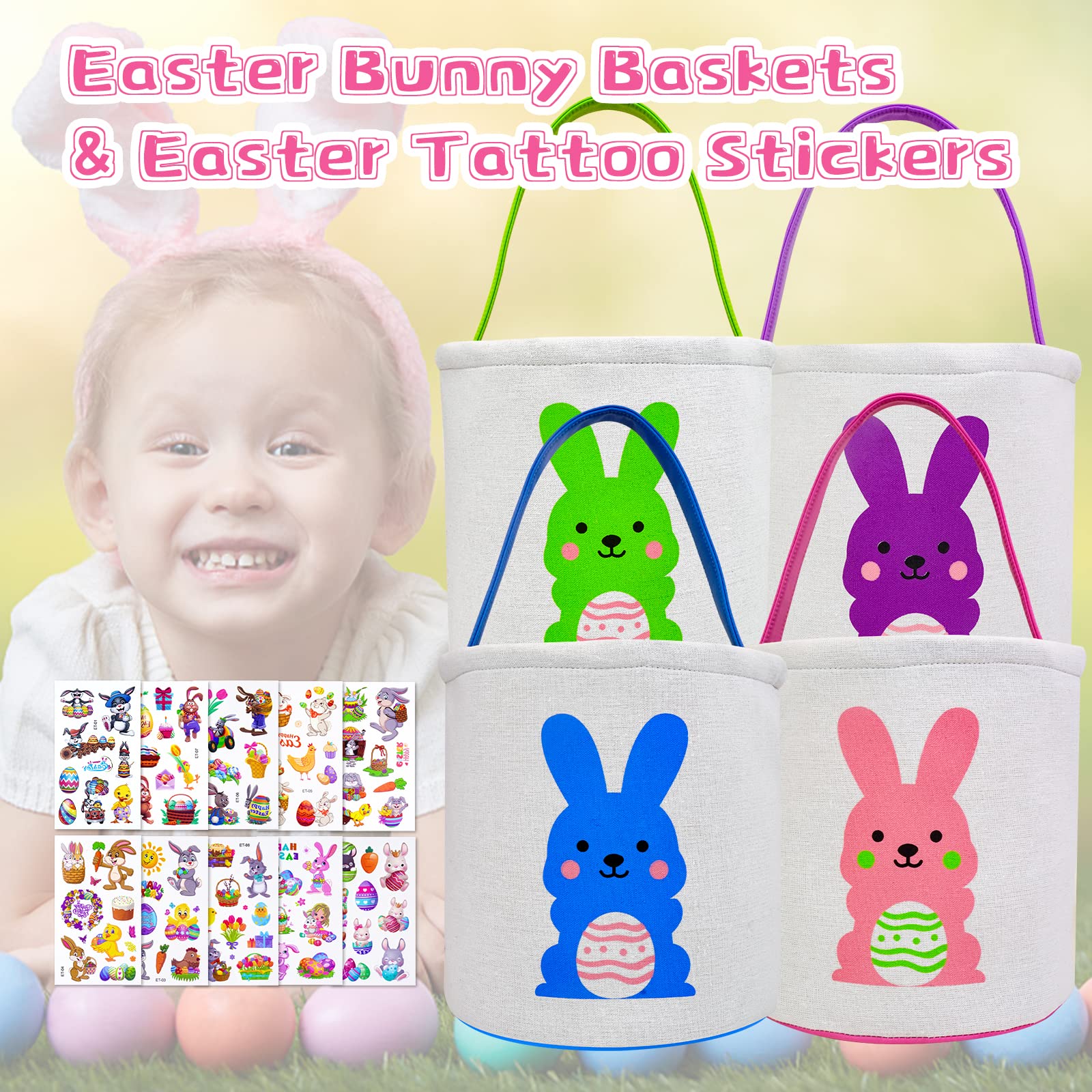 Easter Baskets for Kids, Easter Bunny Canvas Bags with 10Pcs Cute Tattoo Stickers for Easter Egg Toy Hunting, Reusable Candy Gifts Storage Baskets, Easter Decorations Party Supplies
