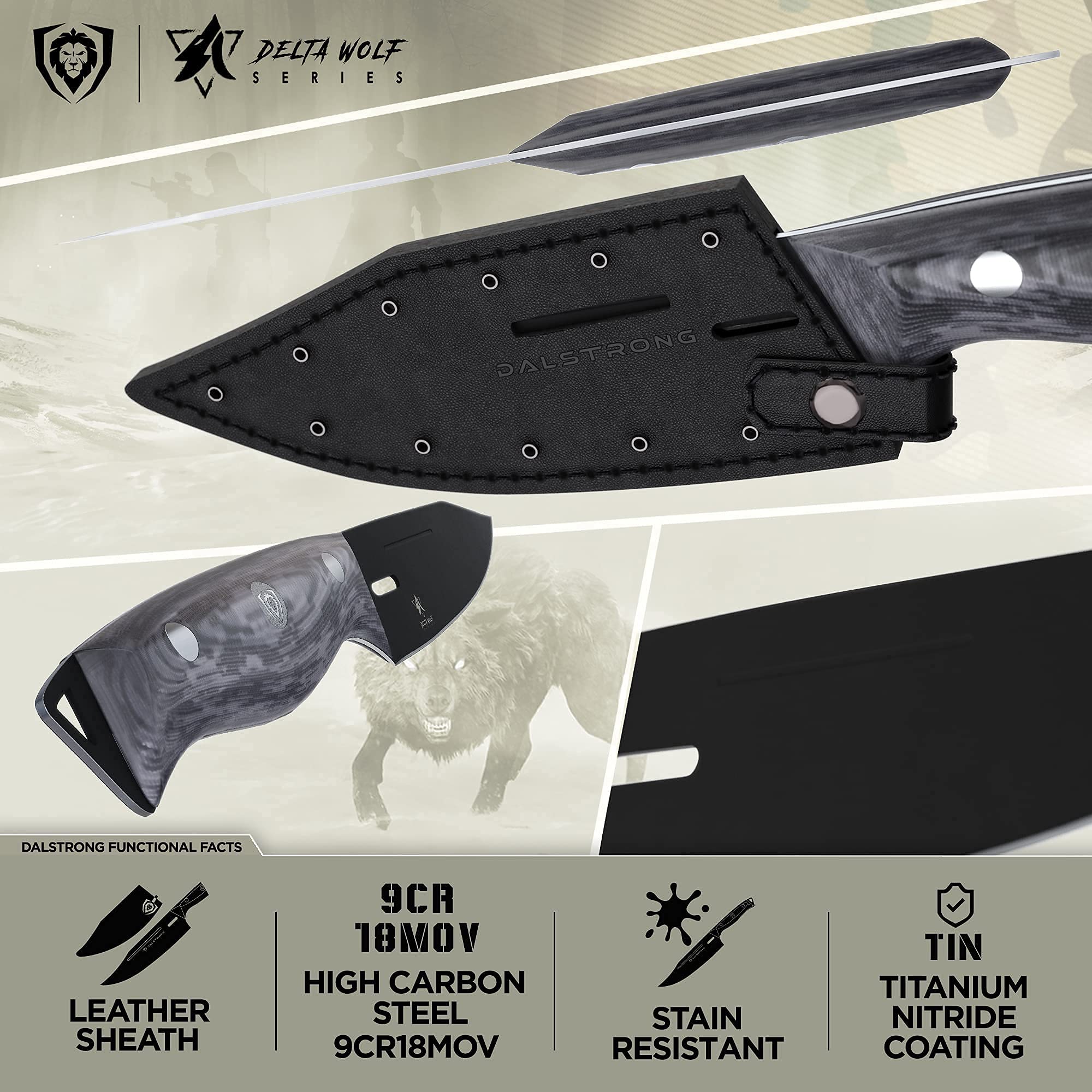 DALSTRONG Delta Wolf Series Santoku Knife 7" Bundled with Delta Wolf Series Paring Knife 4" with PU Leather Sheath - Black Titanium Nitride Coating - G10 Camo Handle