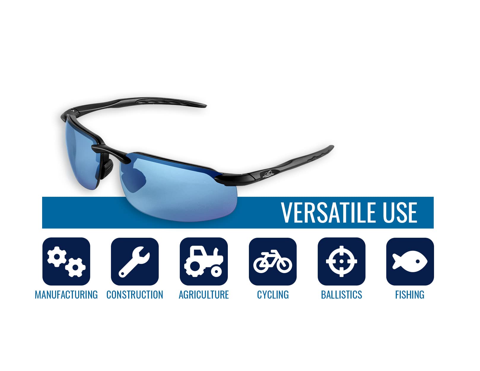 Bullhead Safety Swordfish Polarized Safety Glasses, ANSI Z87+, Blue Light Glasses with UV Light Protection and Anti-Scratch Coating, Ballistic Rated, Blue Mirror Lenses, Matte Black Frame