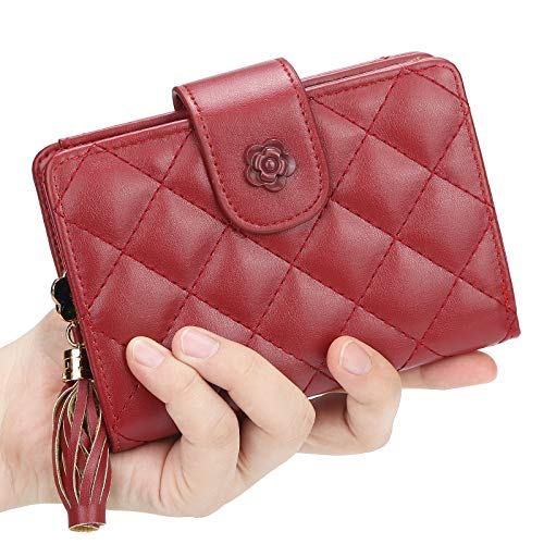 Women Bifold Leather Wallet Nlocking Ladies With Card Holder Window Coin Purse (Red)