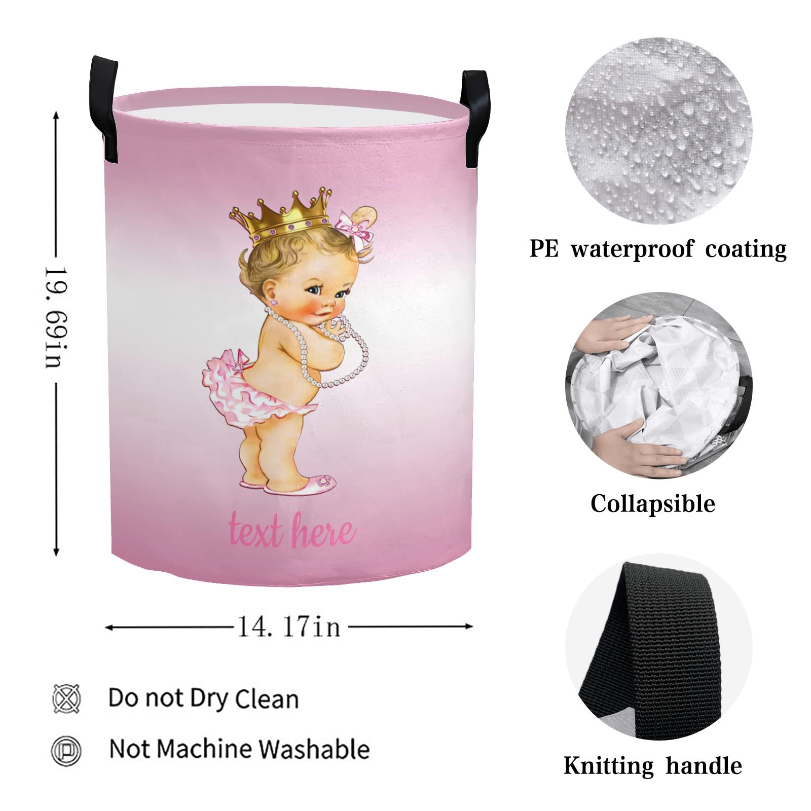 Custom Name Pink Girl Necklace Storage Bin Waterproof Nursery Storage Basket with Durable Handles Dirty Clothes Hamper for Bedroom Bathroom