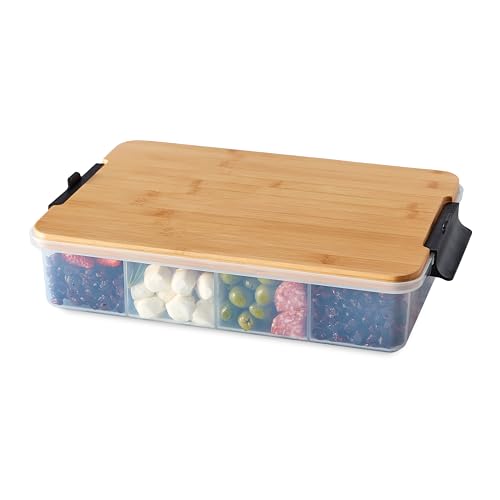 Farberware Build-a-Board Snacklebox with Locking Bamboo Cutting Board Lid, Portable Charcuterie Storage with Compartments,Make it. Take it. Enjoy it., 11x16-Inch, Natural
