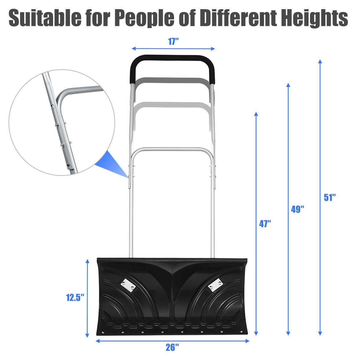 GYMAX Snow Shovel, Rolling Snow Pusher for Driveway, Heavy Duty Snow Plow Shovel with 26β Wide Blade, Built-in Wheels & Adjustable Handle, Wheeled Ergonomic Snow Removal Tools