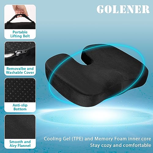 Gel Seat Cushion & Memory Foam Seat Cushions for Chair - Seat Cushion for Sciatica Coccyx Back Tailbone&Lower Back Pain Relief, Chair Pillow with Pressure Support for Driving, Office&Desk Chair, Black