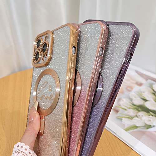 Fiyart Compatible with iPhone 14 Pro Max Case,Compatible with MagSafe Love Heart Plating Camera Protection Clear Phone Case, Magnetic Glitter for Women Girls Shockproof Back Bumper 6.7"-Pink