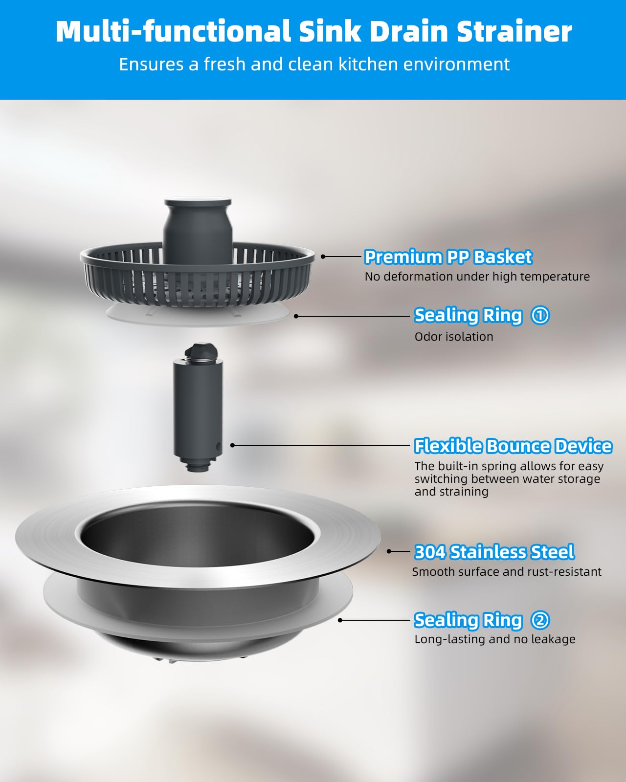 Hibbent Upgraded 3 in 1 Kitchen Sink Drain Strainer and Stopper Combo, Stainless Steel Metal Pop Up Sink Stopper, Anti-Clogging Basket Strainer with Handle for US Standard 3-1/2 Inch Drain