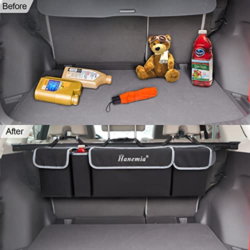 Car Trunk Organizer and Storage, Backseat Hanging Organizer for SUV, Truck, MPV, Waterproof, Collapsible Cargo Storage Bag with 4 Pockets, Car Interior Accessories for Men and Women (Black)
