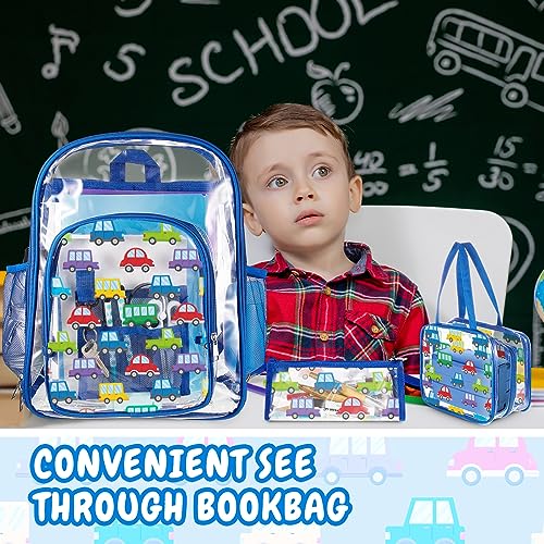 Eccliy Clear Backpack Stadium Approved Backpack 3 School Backpack for Girls Boys Christmas Clear Backpack Girls Boys Backpack (Blue, Car)