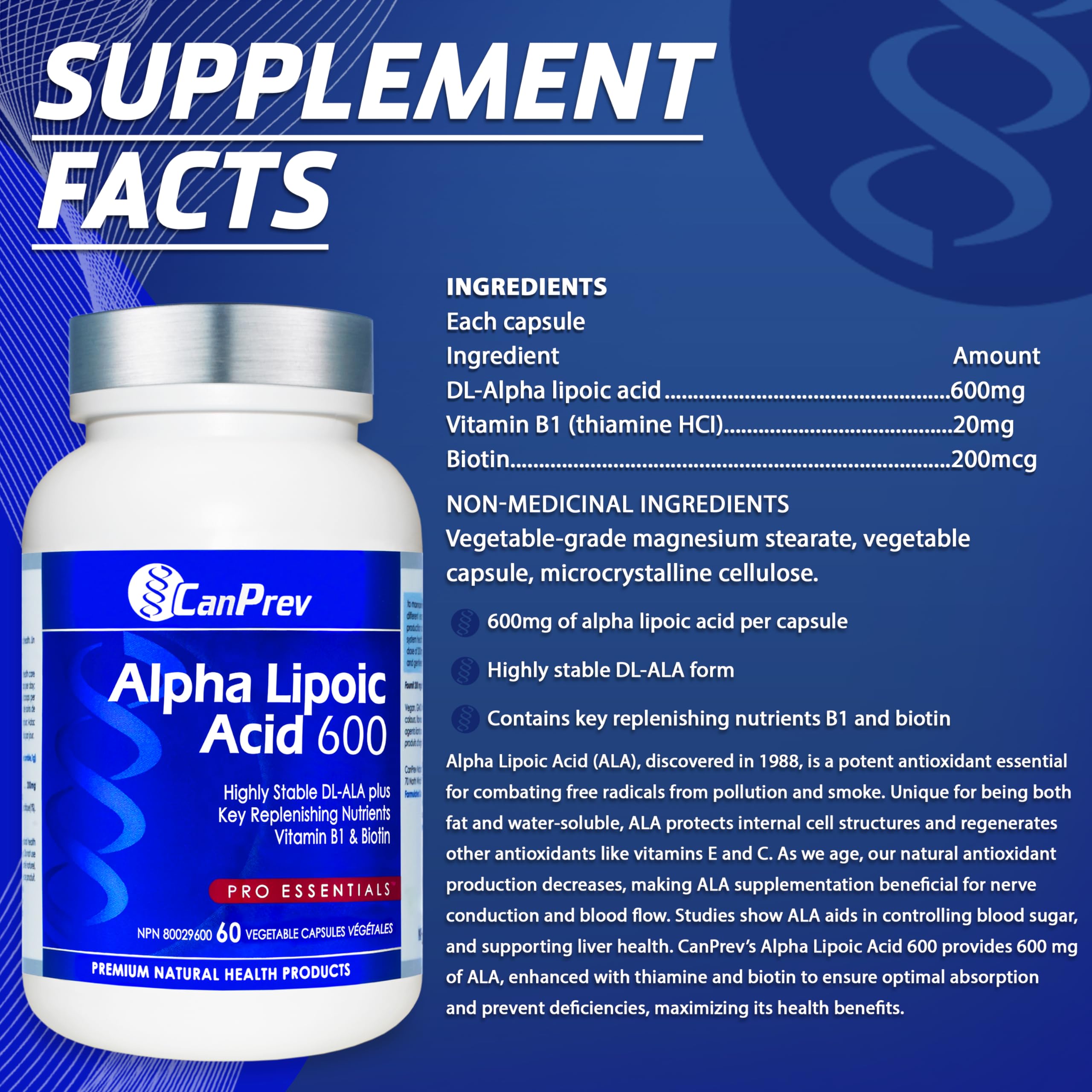 CanPrev Alpha Lipoic Acid 600 mg Vegi Capsules, 60 Count