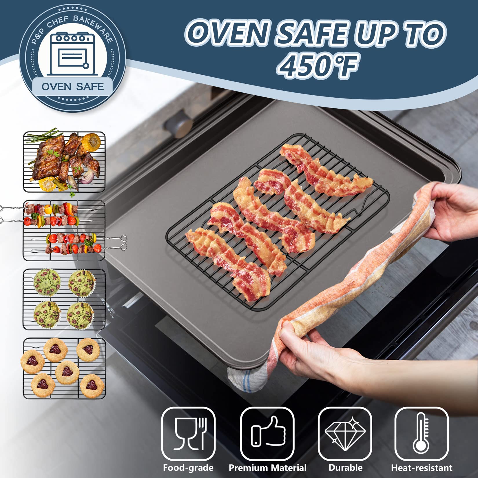 Cooling Rack Set of 2, P&P CHEF Non-stick Small Baking Racks for Cooking Grilling, 2 Pack 9.7β x 7.3β Drying Rack, Fit in Mini Toaster Oven, Stainless Steel Core & Dense Lines, Easy to Clean