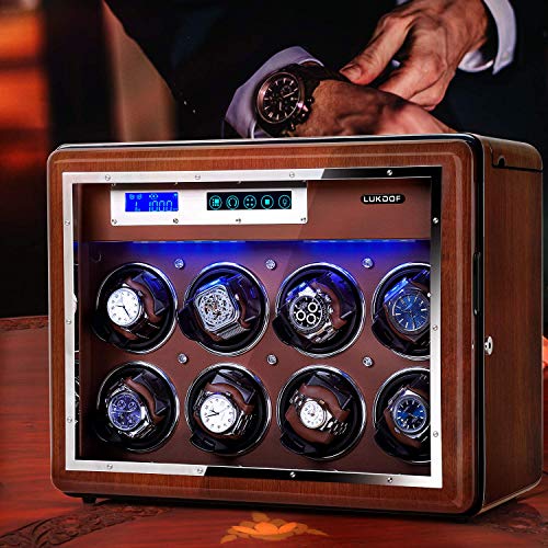 LUKDOF Walnut Watch Winder for 8 Automatic Watches Winding+ 6 Storage Slots LED Backlight Watch Display Box Touchscreen Automatic Rotation Case with Quiet Mabuchi Motors for Men and Women Gift