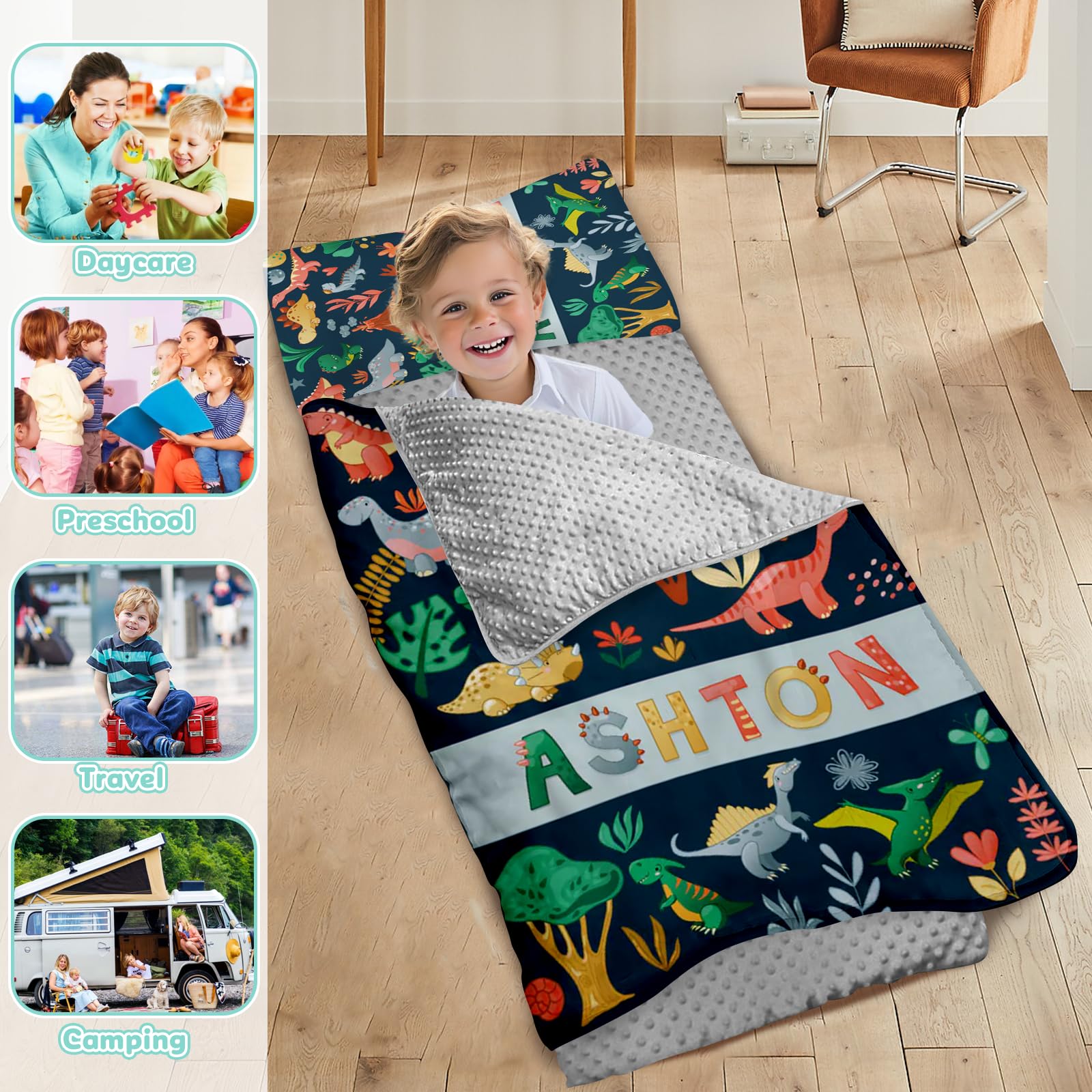Custom Toddler Nap Mat with Pillow & Blanket - Roll Up Nap Mat for Preschool - Soft Kids Sleeping Mat for Kindergarten Daycare Sleepover
