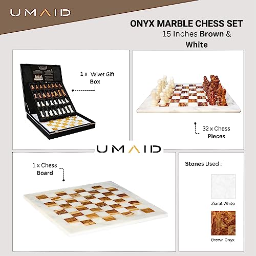UMAID Handmade Marble Chess Set Board Game with Luxury Velvet Gift Box, 14β White & Brown Elegant Onyx Marble Chess Board, Unique Chess Sets for Adults and Modern Marble Home Decor