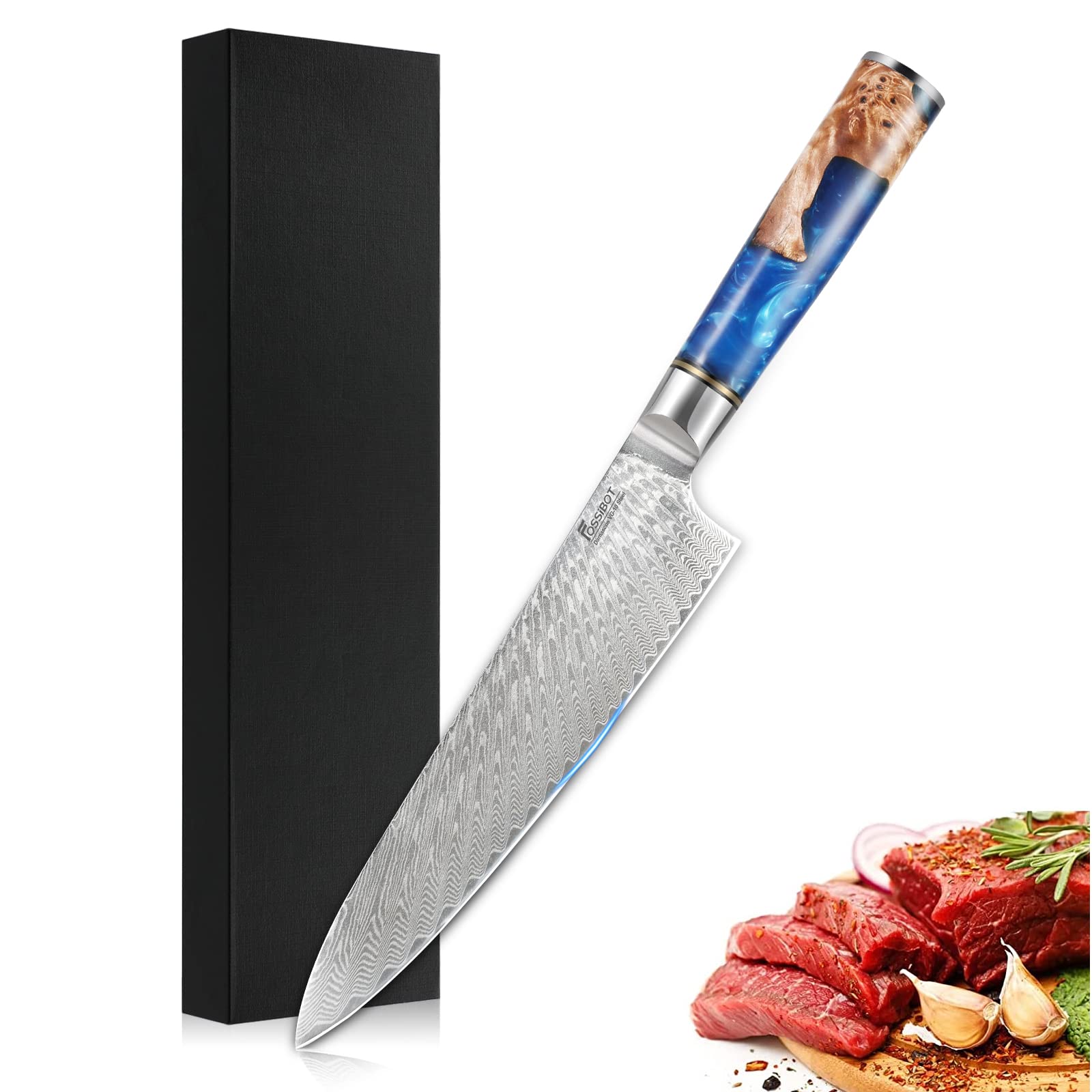 Damascus Chef Knife 8 Inch, Made of High Carbon VG10 Steel Damascus Kitchen Knife with Ergonomic Resin Wood Handle