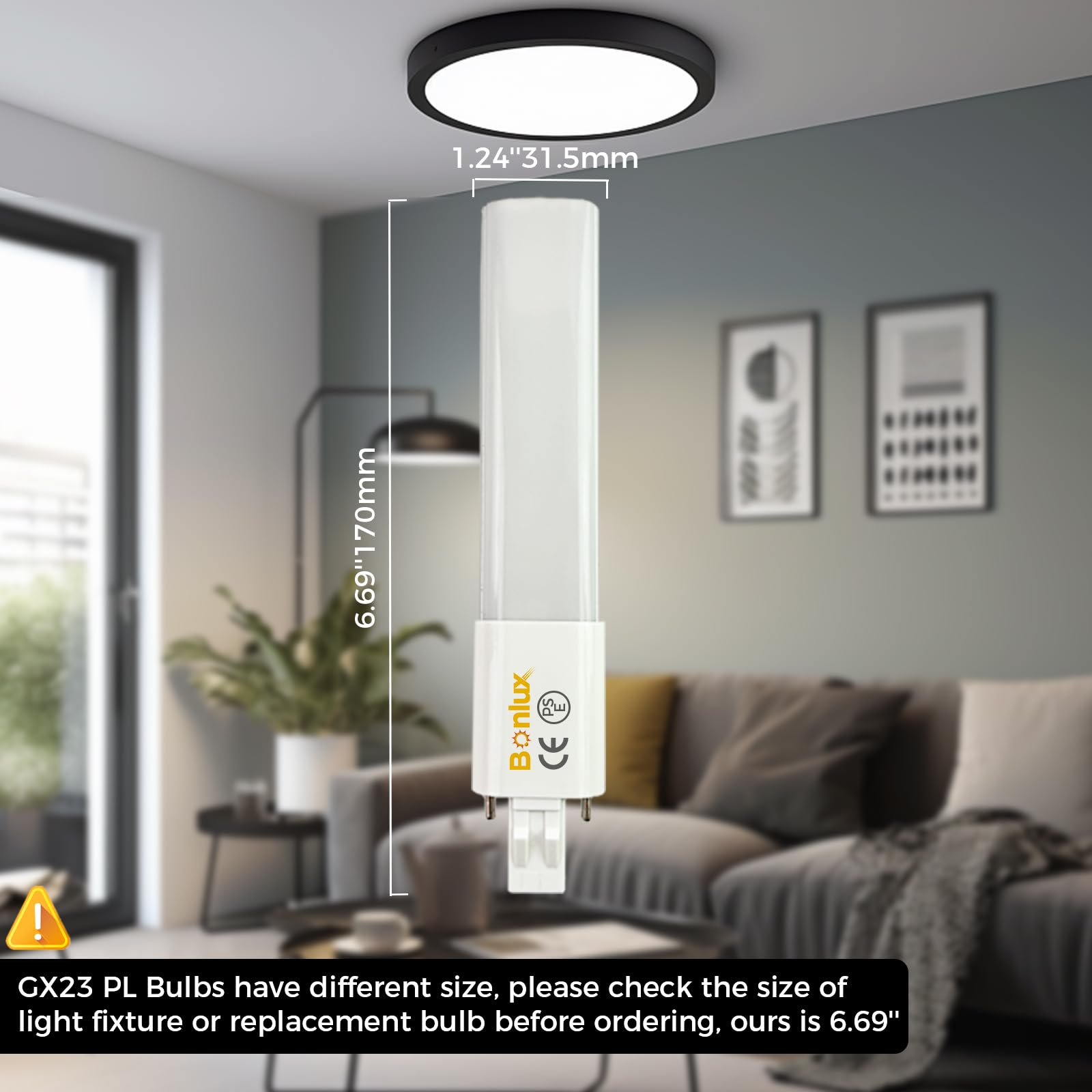 Bonlux 2-Pack 6W GX23 2-Pin LED PL Retrofit Lamp 13W GX23d CFL Replacement 180° Beam Angle Daylight 6000k LED PL Horizontal Recessed Down Light Bulb (Remove/Bypass The Ballast)