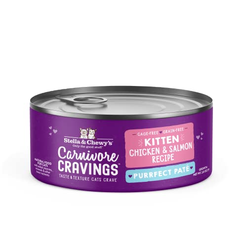 Stella & Chewy’s Carnivore Cravings Purrfect Pate Cans – Grain Free, Protein Rich Wet Cat Food – Cage-Free Chicken & Salmon Kitten Recipe – (2.8 Ounce Cans, Case of 24)