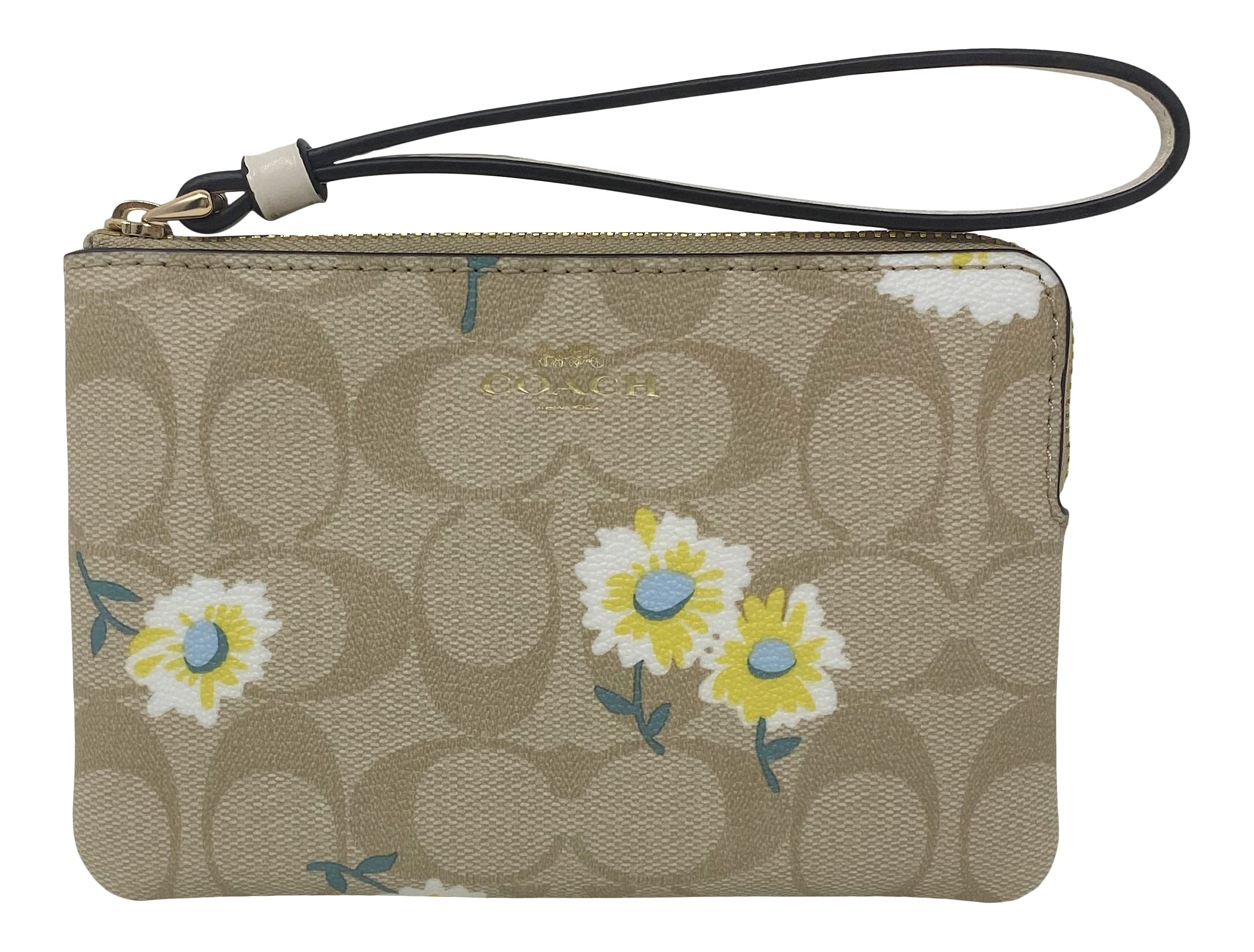 Coach Signature Corner Zip Wristlet With Daisy Print Style No. C3360 Light Khaki Chalk
