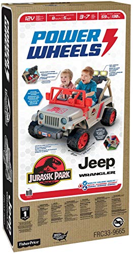 Power Wheels Jurassic Park Jeep Wrangler Ride-On Battery Powered Vehicle with Dinosaur Sounds & Lights for Preschool Kids Ages 3+ Years