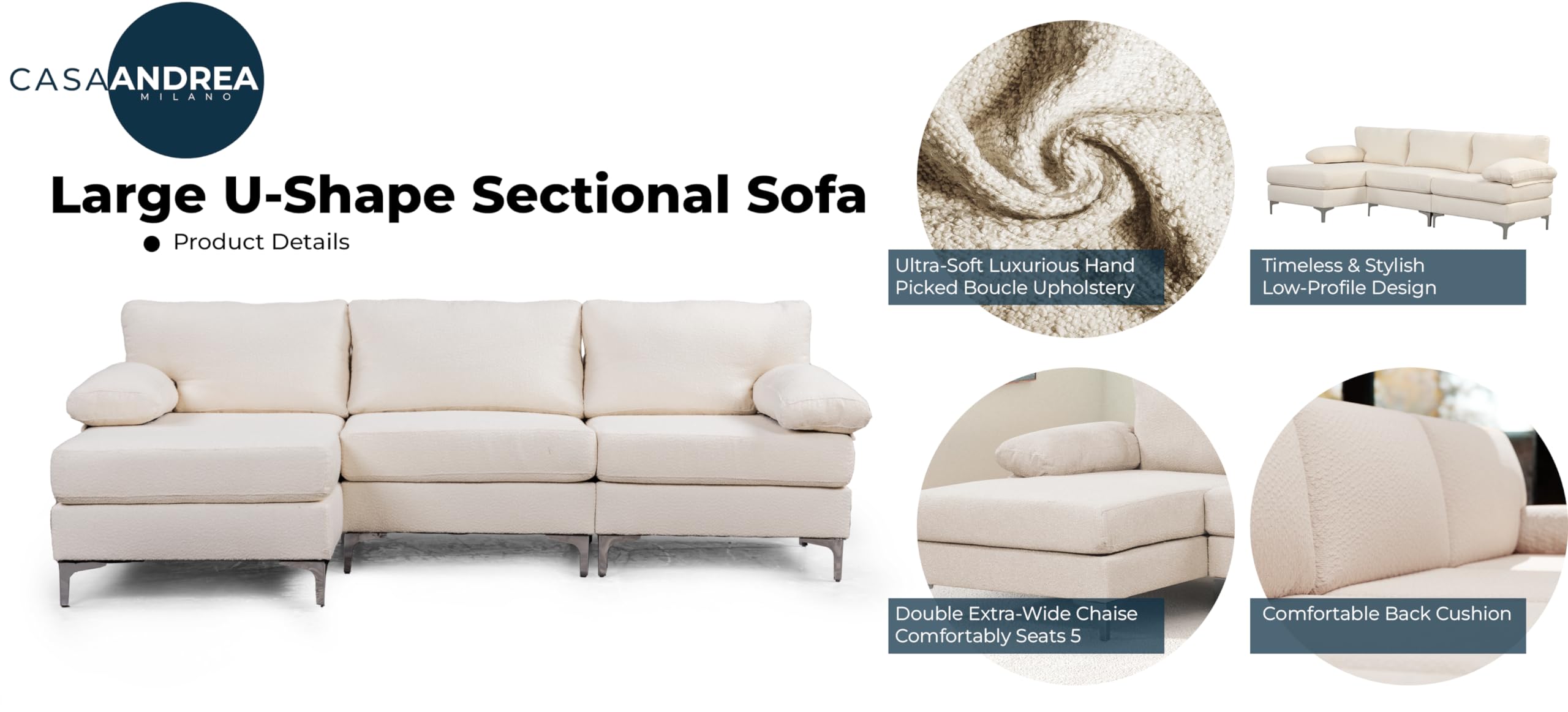 Casa Andrea Milano BOUCLÉ L-Shape Sectional Sofa, Luxury Couch with Extra Wide Chaise Lounge, Couch for Living Room Apartment Lounge, Cream Boucle