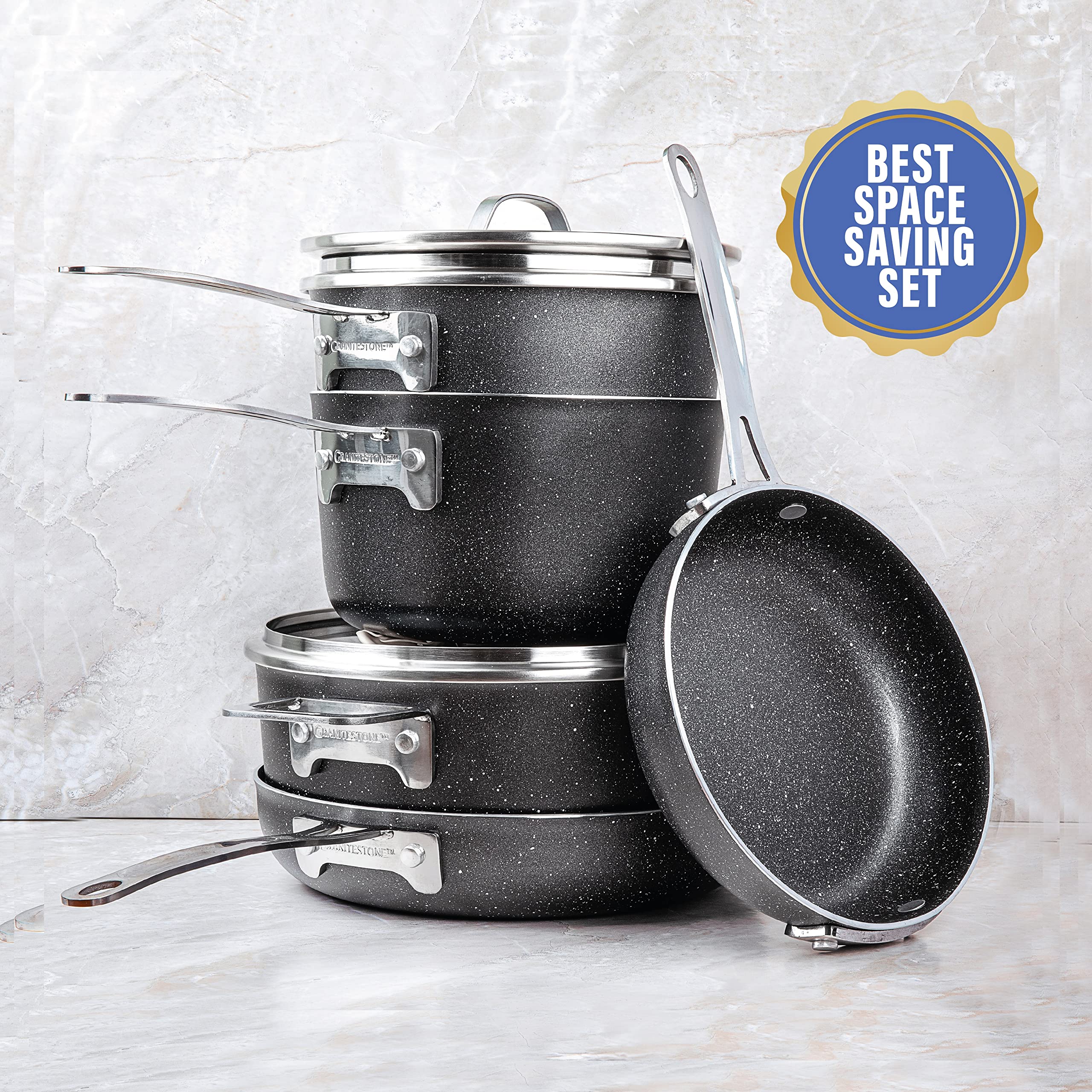 Granitestone Stackable Pots and Pans Set Nonstick, 10 Piece Space Saving Complete Kitchen Cookware Set with Ultra Nonstick Mineral & Diamond Coating, Oven & Dishwasher Safe, Healthy & Toxin Free-Black