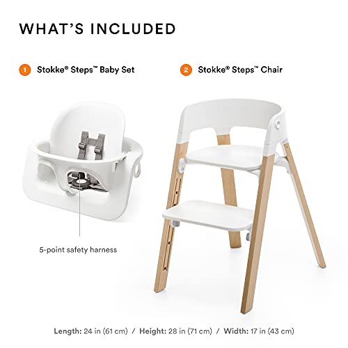 Stokke Steps High Chair - Natural Legs & White Seat - 5-in-1 Seat System - Includes Baby Set - Suits Babies 6-36 Months - Chair Holds Up to 187 lbs. - Tool Free & Adjustable