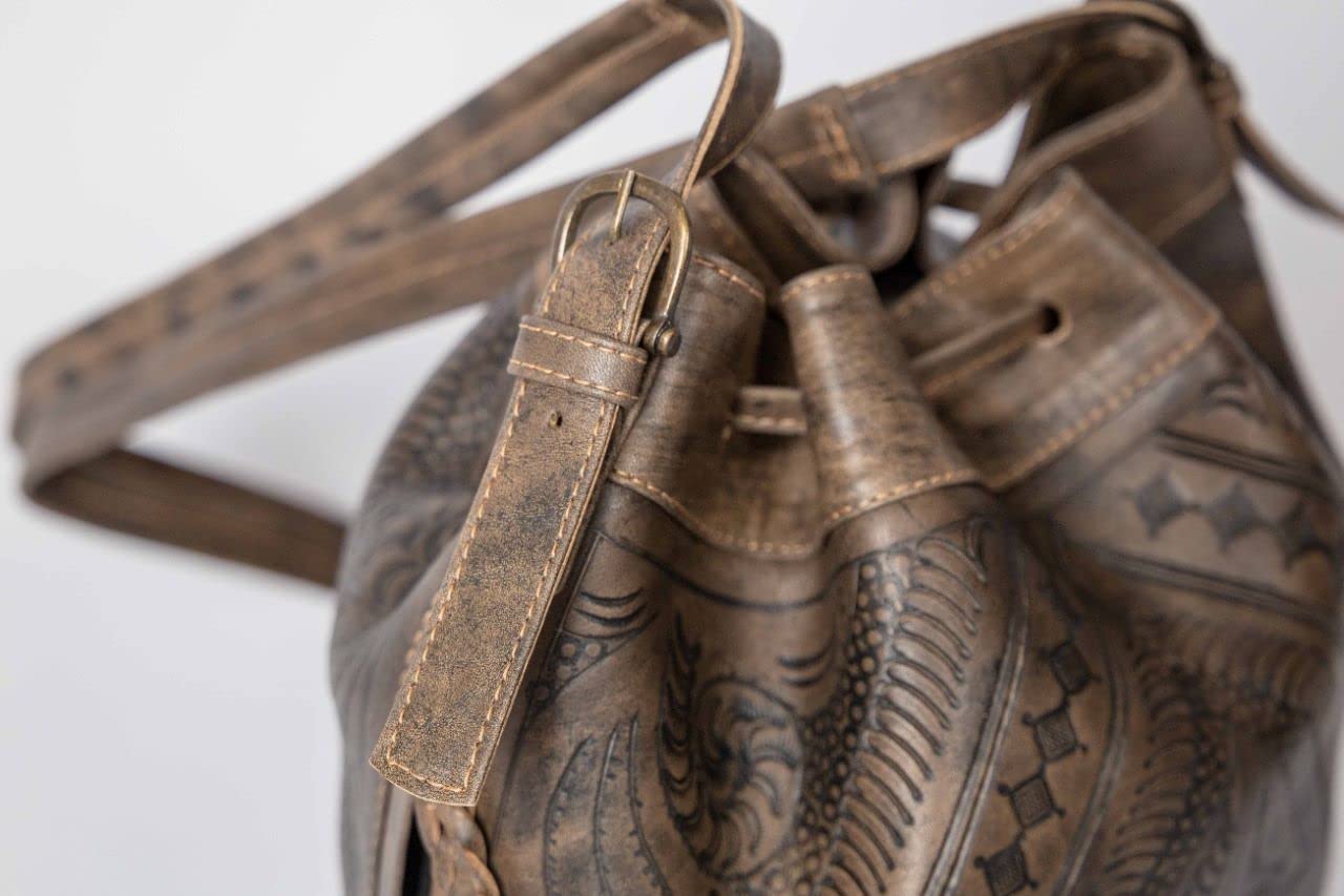 Womens Drawstring Bucket Bag, Genuine Leather Crossbody Bag, Hand tooled, Dark Brown, Handmade Leather Purse