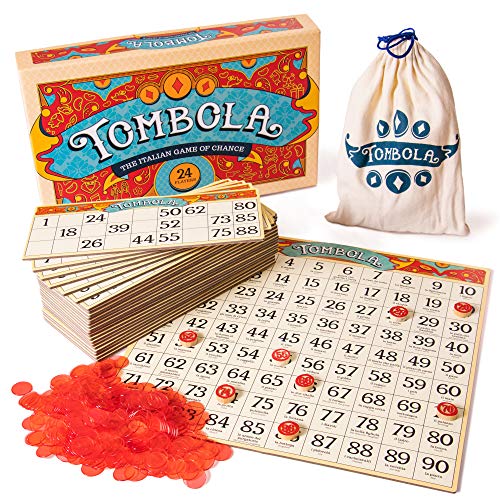 Brybelly Tombola Bingo Board Game | The Italian Game of Chance for Family, Friends and Large Parties Up to 24 Players | Includes Calling Board, 90 Tombolini Tiles, 24 Double-Sided Cards and 360 Chips