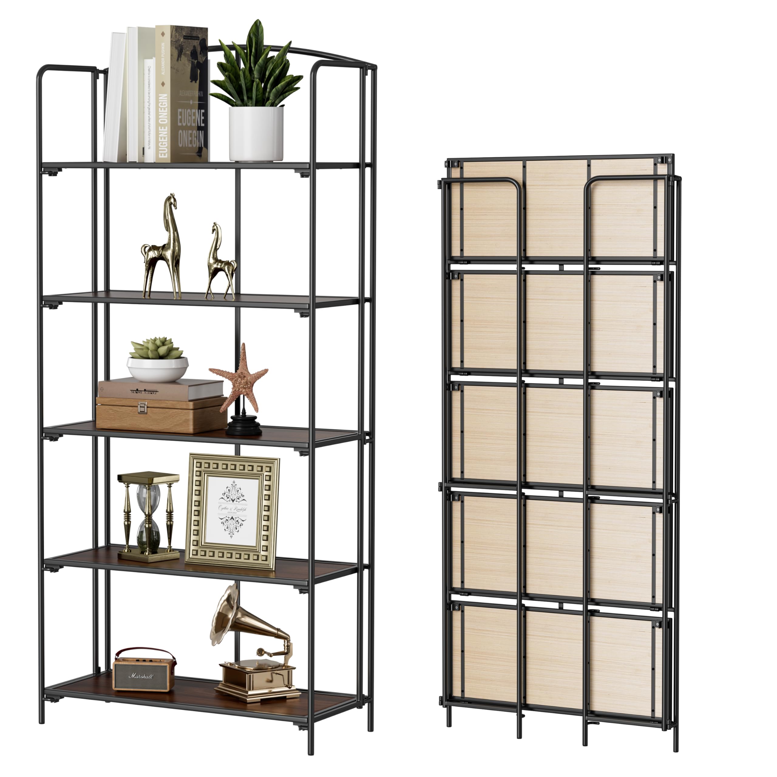 Crofy No Assembly Folding Bookshelf for Living Room, 5 Tier Black Collapsible Book Shelf for Home Office, Portable Bookcase Storage Organizer