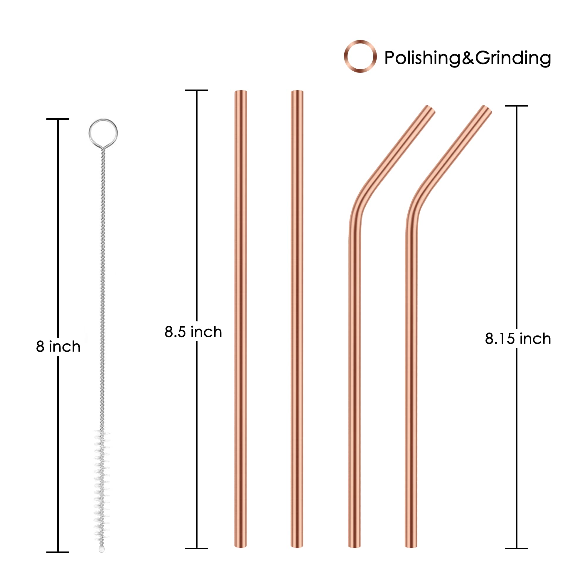 Copper Straws, Pure Copper Drinking Straws Gift Set Food Safe 8.5inch Long Handcrafts Bent and Straight Copper Straws with Cleaning Brush(2*Bent+2*Straight)