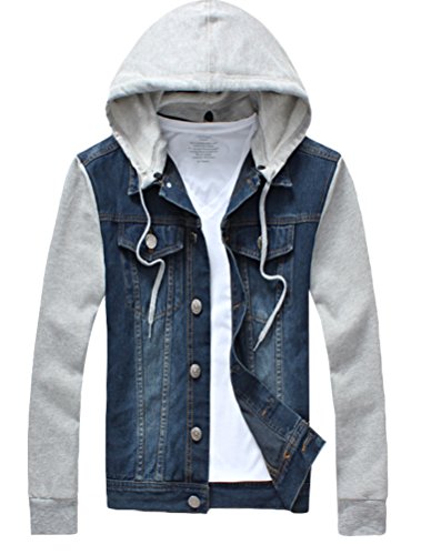 PASOK Men's Denim Hoodie Jacket Casual Slim Fit Button Down Jeans Coat Blue L