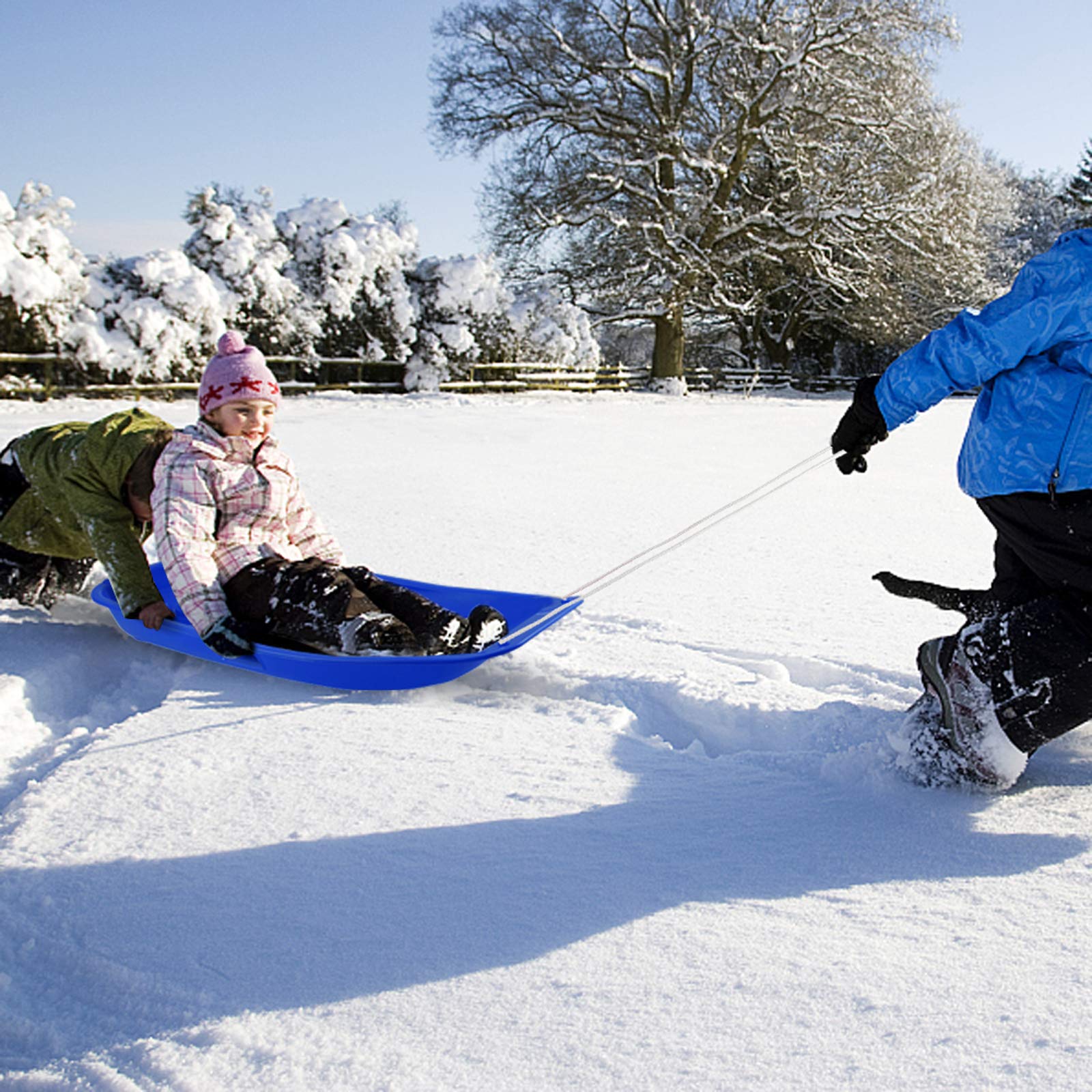 Bonnlo 2 Packs Toboggan Snow Sled, 35'' Heavy Duty Plastic Winter Downhill Sleds w/Pull Rope & 2 Handles for Kids (Blue)