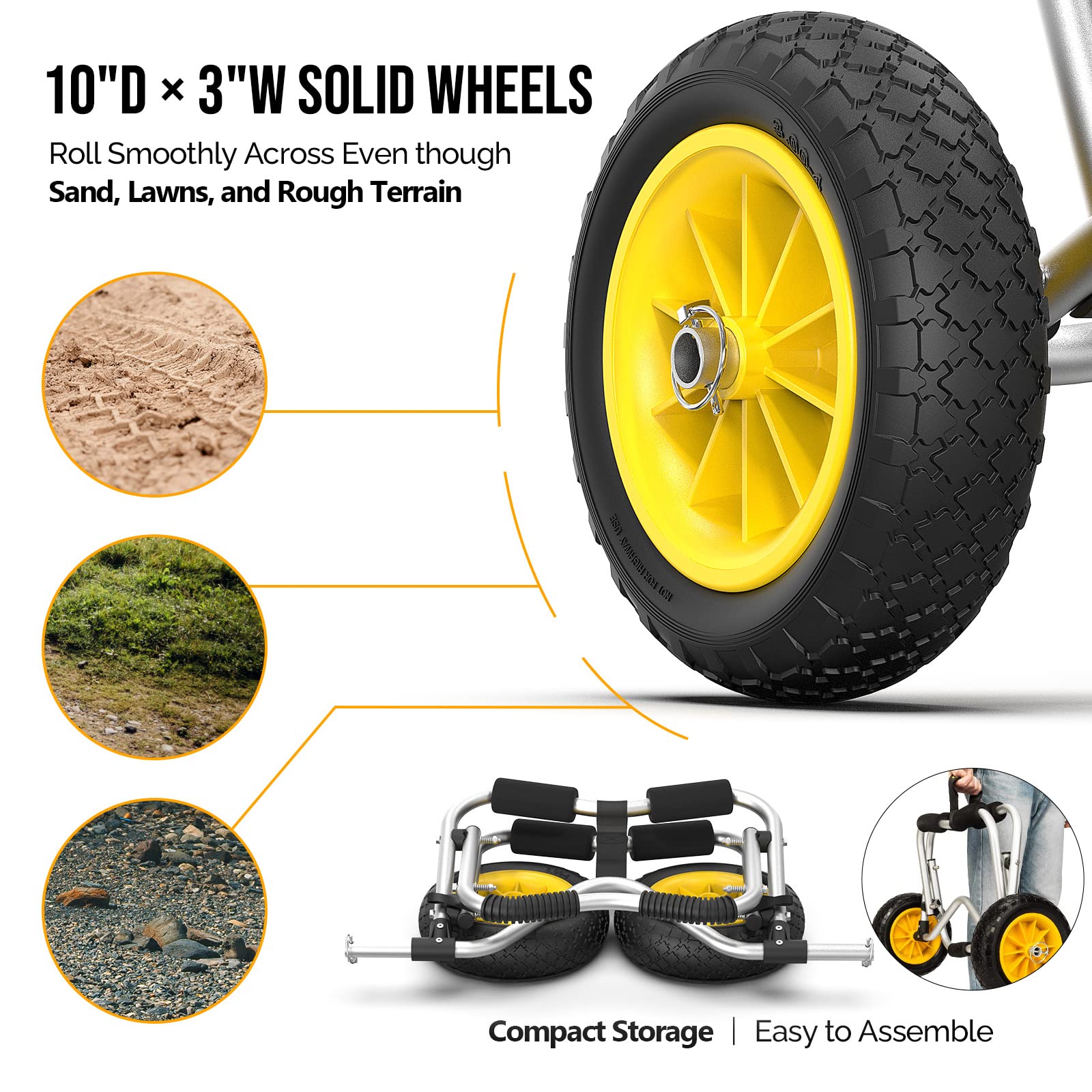 Bonnlo CART-CANOE Kayak Boat Carrier Tote Trolley Transport with 2 Ratchet Straps PU Solid Tires Wheel Yellow