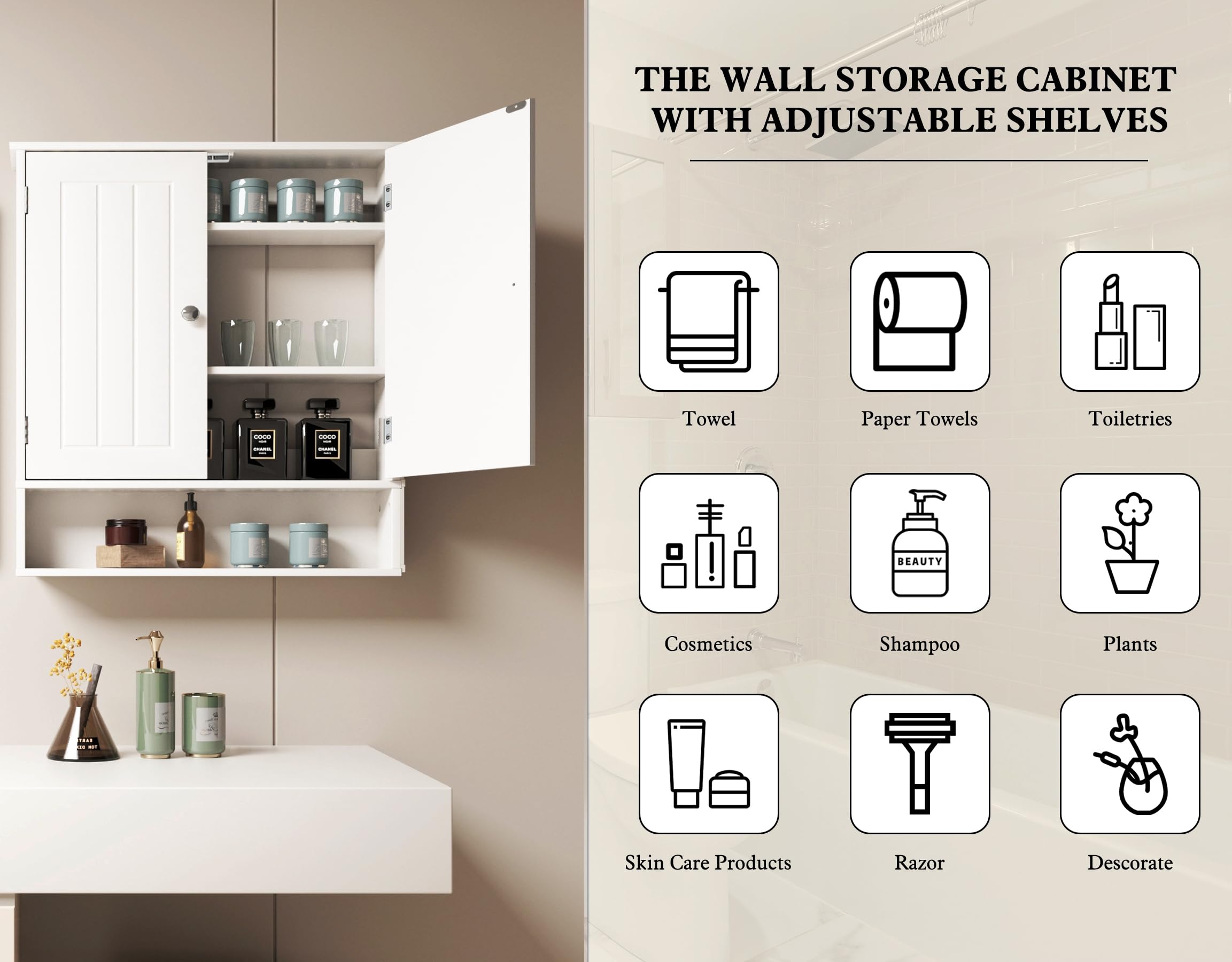 IANUE Bathroom Cabinet - Over The Toilet Storage Cabinet White Medicine Cabinet, Bathroom Wall Cabinet with 2 Doors and Adjustable Shelves, Small Wall Mounted Cabinet for Bathroom, Kitchen, Laundry