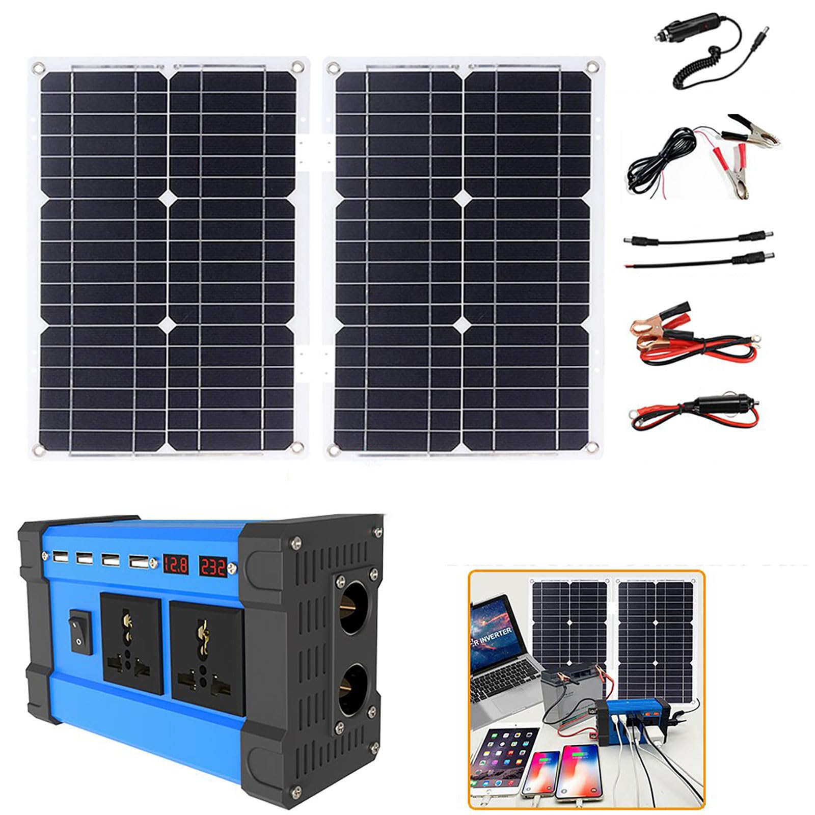 CANEVE Solar Kit, 50W18V Waterproof Folding Solar Panel, Built-in 50A Controller, 4 USB+LCD Dual Digital Smart Displays, Suitable for Homes, Rvs, Boats, and Outdoor Camping,300W220V
