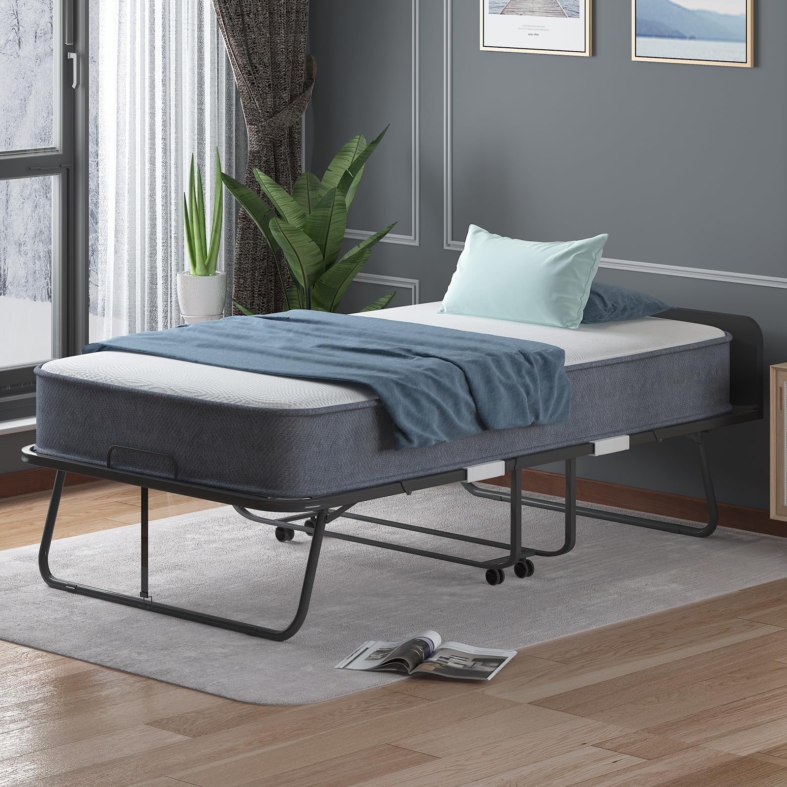 CECER Twin Size Folding Bed with 4 Inch Foam Mattress, 75" x 38" Rollaway Bed, Space-Saving Guest Bed, Portable Foldable Extra Bed for Adults with Sturdy Metal Frame, Easy Moving (Standard)